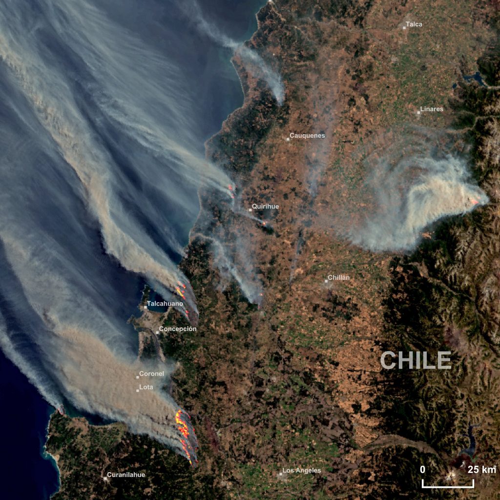 Impressionantes imagens de satélite mostram os incêndios no Chile